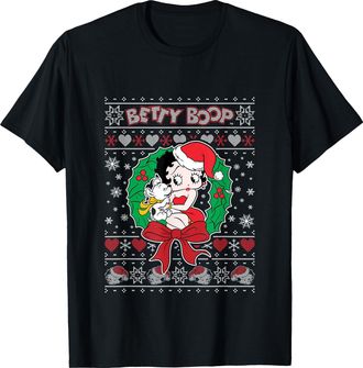 Betty Boop T-Shirt Weihnachten mit Pudgy Schwarz Unisex-Erwachsene Klein Crew Neck Kurzarm