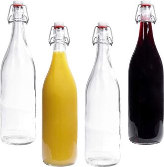 mikken Art 4 x Glasflasche 1 Liter mit Bügelverschluss aus Porzellan inkl. Etiketten