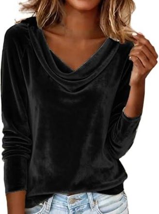 Generic Hauts en velours pour femme - Col b&eacute;nitier - Manches longues fronc&eacute;es - T-shirt pliss&eacute; &eacute;l&eacute;gant pour sortir - Chemisier tendance pour femme, a noir, XX