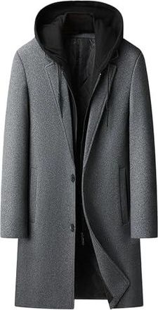 Generic Trench long en laine m&eacute;lang&eacute;e &agrave; simple boutonnage col crant&eacute; daffaires d&eacute;contract&eacute; dhiver caban capuche amovible pour homme, gris, 3XL
