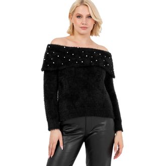 Lovedrobe Womens Jumper Ladies Sweater Off Shoulder Bardot Long Sleeve Pearl Embellished Fine Eyelash Knitwear, Schwarz 40-42