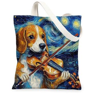 Generic Sac fourre-tout en toile motif chien beagle pour faire du shopping, 33 x 38,1 cm, motif violon &eacute;toil&eacute;, sac &agrave; bandouli&egrave;re r&eacute;utilisable pour femme, anim