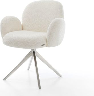 DELIFE Drehstuhl Nube-Flex mit Armlehnen Bouclé Weiß Kreuzgestell breit Edelstahl 360° drehbar Wippfunktion Taschenfederkern, Esszimmerstühle
