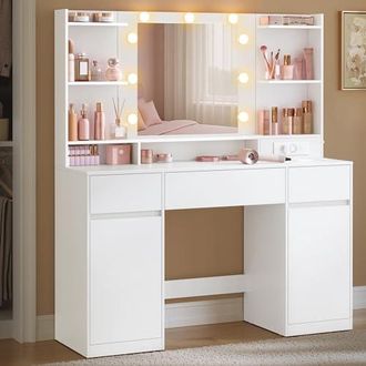Vasagle Kailyn Collection - Coiffeuse avec Miroir LED, Multiprise, 2 Placards, 9 Ampoules, Rangement Bijoux, &Eacute;clairage 3 Couleurs, Installation des Rails sans