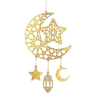 Valiclud Ramadan Mubarak H&ouml;lzerne H&auml;ngedekoration mit Goldenem Hohlem Stern-mond-Design Kunstvoller Wand T&uuml;rschmuck f&uuml;r Islamische Festlichkeiten und Muslimisc