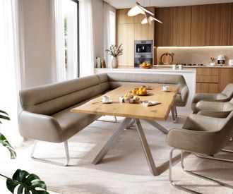 DELIFE Esszimmerbank Taya-Flex 285x190 cm Mikrofaser Beige Vintage Kufengestell flach Edelstahl Taschenfederkern Links, Eckb&auml;nke