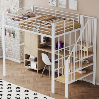 Generic Hochbett 140x200 Erwachsene Wei&szlig; Stauraumbett Metallbett mit Treppe Stabiles Loft Bett f&uuml;r Jugendzimmer Helles Regalbett Nische ohne Schreibtisch