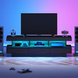 Generic TV Schrank Hochglanz mit Glasf&auml;chern 3Schubladen lowboard mit LED-Beleuchtung App Steuerung Bluetooth Verbindung f&uuml;r 70-Zoll-TV St&auml;nder f&uuml;r Wohnzimmer