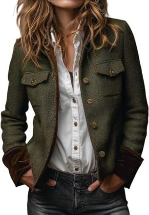 Generic Blazer en tweed vintage &agrave; chevrons avec bordure en velours, veste de costume &eacute;l&eacute;gante avec poches plaqu&eacute;es pour le printemps, lautomne et le bureau, V