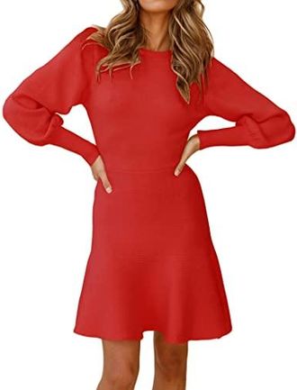 ORANDESIGNE Robe Pull Col Rond Femme Tricot Robe Hiver Chic Basique Ajusté Moderne Pull Femme Haut Femme à Manches Longues A Rouge XXL