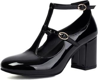 Generic Femmes T Strap Mary Janes Mid Chunky Block Heels Rond Fermé Escarpins avec Boucle réglable Robe Chaussures de Travail de Bureau,Noir,42.5 EU