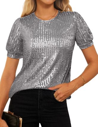 Grace Karin Glitzer Pailletten Oberteile Damen Puff&auml;rmel Elegant Top Blouse Party Tanz Disco Silbergrau XXL