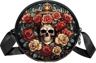 Generic Petit sac &agrave; bandouli&egrave;re rond pour femme, motif t&ecirc;te de mort, avec fermeture &eacute;clair, bretelles r&eacute;glables, style d&eacute;contract&eacute;, pour femmes et filles