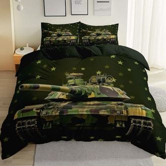 Generic Housses de Couette 200 x 200 cm Parure de lit &agrave; V&eacute;hicules blind&eacute;s camoufl&eacute;s Ensemble Literie avec Fermeture &eacute;clair et 2X 65x65cm Taies doreiller Vert 