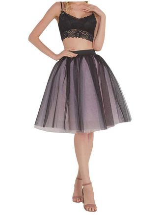 Minetom Damen T&uuml;llrock Rockabilly Tutu Rock Hohe Taille Ballett Unterrock Kurz Petticoat Vintage Karneval Party Knielang Unterrock Skirt Schwarz+Rosa XS