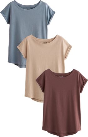 Next Damen T-Shirts mit Fl&uuml;gel&auml;rmeln, 3er-Pack Blau/Braun/Neutral 34