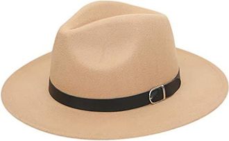 Generic SAUTRV Chapeau Panama en laine &eacute;crasable &agrave; large bord avec ceinture pour femme, kaki, Taille unique