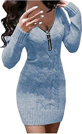 Generic Mini robe pull en tricot solide avec fermeture &eacute;clair et col en V pour femme - Manches longues coupe ajust&eacute;e pour un usage quotidien d&eacute;contract&eacute;, bleu