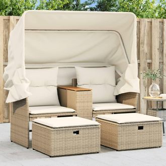 tidyard QJBSAVVA Gartensofa 2-Sitzer mit Dach und Hockern Beige Poly Rattan 144 x 92 x 69 cm ausziehbares Sonnendach 110 kg Belastbarkeit Modernes Design Stau