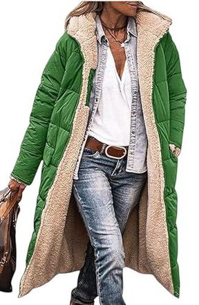 Generic Manteau long matelassé pour femme, chaud et réversible avec doublure Sherpa et capuche surdimensionnée en peau de mouton doublée en polaire, Vert, XXL