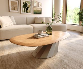 DELIFE Couchtisch Edge Oval 140x75 cm Eiche Natur Runde Kante Parabi Edelstahl geb&uuml;rstet, Couchtische