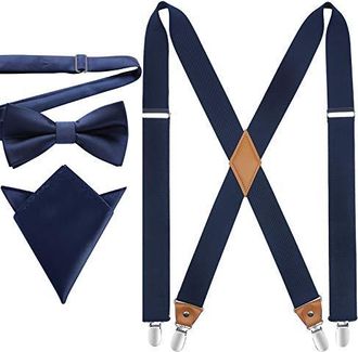 Hisdern Bretelles pour hommes avec de tres fortes 4 clips Heavy Duty X style Suspenders reglable pré-noués noeud papillon avec Ensemble de carrés de poche