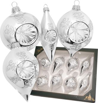 Krebs Glas Lauscha Weihnachtsdekoration/Christbaumschmuck aus Glas - Reflektor Kugeln und Tropfen Glanz mit glitzernder Verzierungen - Farbe: Silber - Gr&ouml;&szlig;e: ca. 7-10 cm