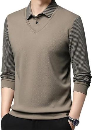 Generic Pull deux pi&egrave;ces ray&eacute; &agrave; revers pour homme, chemise int&eacute;rieure d&eacute;contract&eacute;e, polo d&eacute;contract&eacute; en tricot deux pi&egrave;ces, kaki, XXL