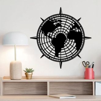 Generic Metall-Wanddeko mit Kompass, Vintage-Weltkarten-Kompass, Weltkarten-Deko, Moderne Deko, Living (Schwarz, 80 x 80 cm)