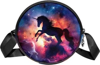 Generic Sac &agrave; bandouli&egrave;re rond pour femme, motif licorne galaxie, petit sac &agrave; bandouli&egrave;re avec fermeture &eacute;clair, bretelles r&eacute;glables, sac &agrave; main rond d&eacute;contra
