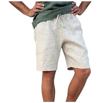 Generic Pantacourt en coton et lin pour homme - Pantalon baggy sarouel avec cordon de serrage - Pantalon de plage - Short en jean, Blanc., 3XL