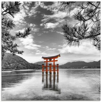 Artland ARTland Wanddeko Glasbilder Wandbild Glas Bild 50x50 cm Japan Reise Natur See Hiroshima Shinto Schrein Tor Itsukushima U5HL