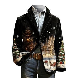 Generic Blazer de Noël moche en velours côtelé pour homme - Veste imprimée - Costume de vacances festif - Coupe ajustée - Revers simple boutonnage - Imprimé a