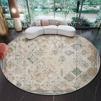 Generic Tapis Rond 100 cm (Round) Microfibre Douce Tapis Circulaire Salon Rétro géométrique Vieilli Chambre Imprimés Imprimé Antidérapant Lavable Tapis de Sol