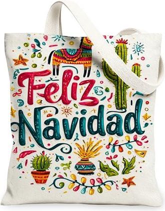 Generic Sacs fourre-tout festifs en toile motif cactus color&eacute;, sacs d&eacute;picerie r&eacute;utilisables, vintage l&eacute;gers et lavables avec bandouli&egrave;re, blanc, 13x15 Inch