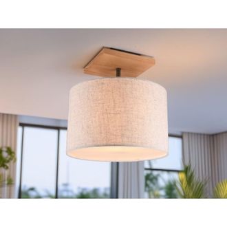 Trio Deckenleuchte elmau mit Stoffschirm in Beige und Naturholz Sockel, ø 36cm