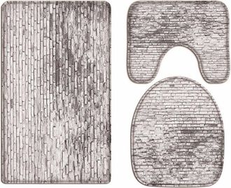 A.Monamour Badezimmer Badematte 3 Teilig Set Set Abgenutzte Befleckte Weiße Backsteinmauer Toilettendeckel Abdeckt Badmatte Teppich Flanell Saugfähig Badteppiche