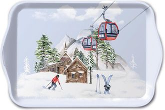 Ambiente Tablett 13x21cm Melamin mit Skihütten Motiv - zum Dekorieren & Servieren - kleines Serviertablett für Kaffee Tee Frühstück - Tischdeko Winter Dekotabl