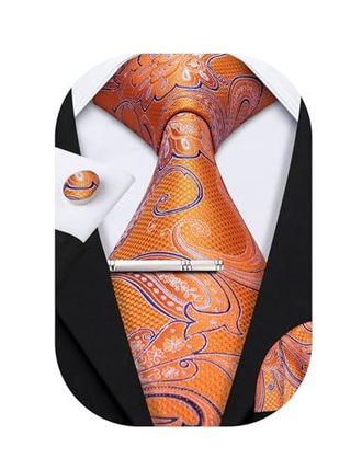 Barry.Wang Paisley Cravates pour Hommes Orange Poche Carr&eacute; Boutons de manchette Mariage F&ecirc;te