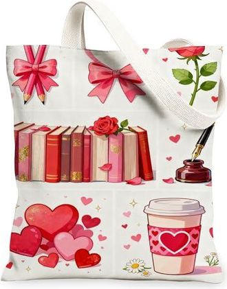 Generic Sacs fourre-tout r&eacute;utilisables en toile pour la Saint-Valentin, motif coeur et rose, l&eacute;ger et lavable pour les voyages, p&ecirc;che, 13x15 Inch