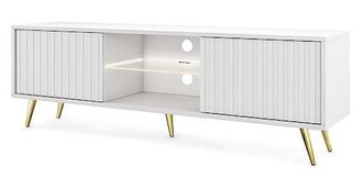 Selsey Meuble TV Armoire De T&eacute;l&eacute;vision sur Pieds Dor&eacute; 135 cm &Agrave; Lamelles Blanc Bello