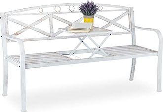 Relaxdays Gartenbank mit Klapptisch, 2-3 Sitzer, Metall, Sitzbank Garten & Balkon, HBT: 88 x 150 x 60 cm, wei&szlig;-Bronze