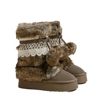 Generic JJDFW Bottes de ski mi-mollet &agrave; lacets en fausse fourrure pour femme, gris, 37 1/3 EU