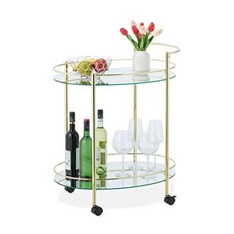 Relaxdays Servierwagen, 2 Ebenen, verspiegelter Luxus Barwagen, HxBxT: 79x68x45 cm, drehbare Rollen, Glas & Metall, Gold