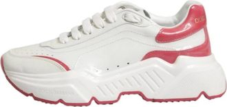 Dolce & Gabbana Femme, Chaussures, Blanc, Taille: 37 EU Baskets en Cuir avec Détails Logo Blanc Rose