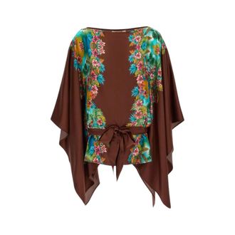 Roberto Cavalli Femme, Blouses et Chemises, Brun, Taille: 36 FR Hawaii Print Silk Shirt