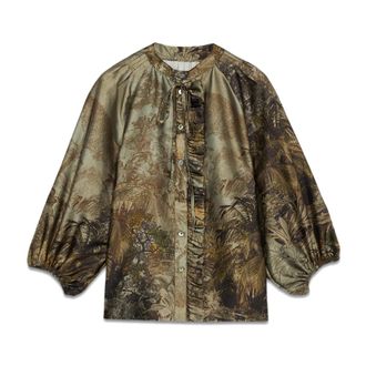 Oltre Gemusterte Satinbluse mit R&uuml;sche - - Blouses & Shirts - Damen - Gr&uuml;n - S