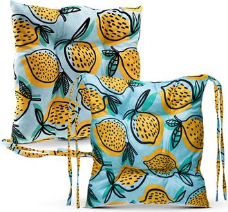 MG Design 2er-Set Stuhlkissen mit Bändern 40x40 cm mit Zitrone Druck - Sitzkissen für Garten und Haus, mit Urlaubsdesign - gestepptes, buntes Stuhlauflage für G