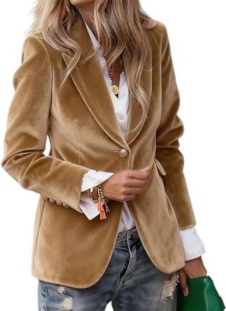 Generic Blazer en velours pour femme, veste boutonn&eacute;e d&eacute;contract&eacute;e pour le travail et le bureau avec poches, kaki, L