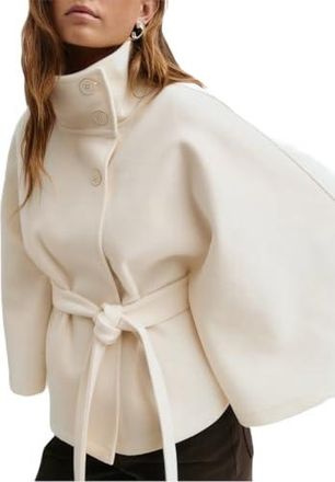 EUDOLAH Femmes Poncho &Eacute;l&eacute;gant Poncho Cape &agrave; Col Montant et Boutons pour Lautomne et lhiver &Eacute;l&eacute;gante &Eacute;charpe Cape avec Ceinture (S, Beige)